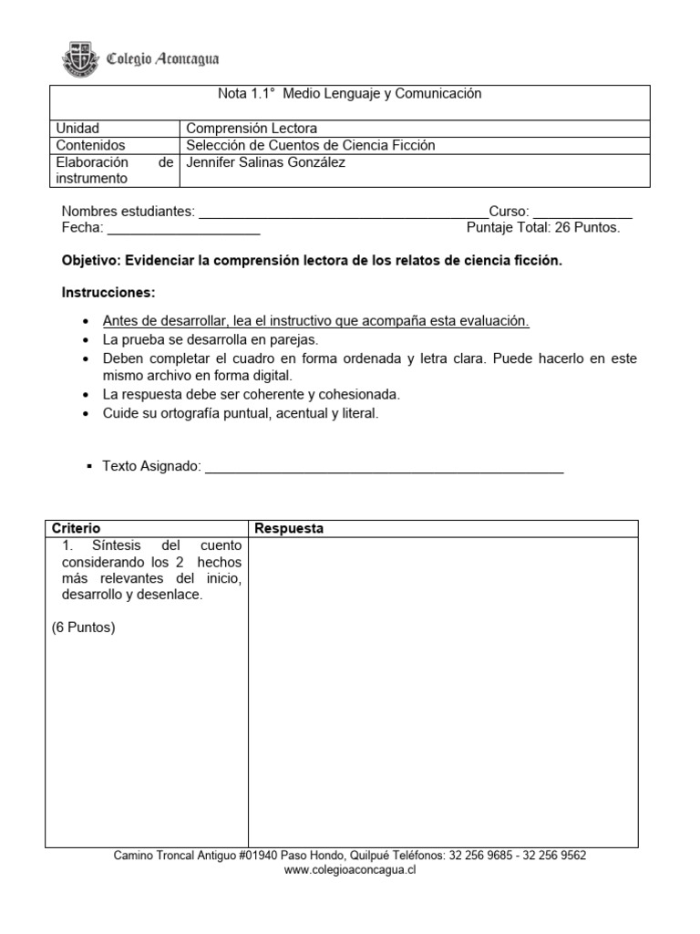 Evaluación Comprensión Cuentos Sci-Fi | PDF | Comprensión lectora ...
