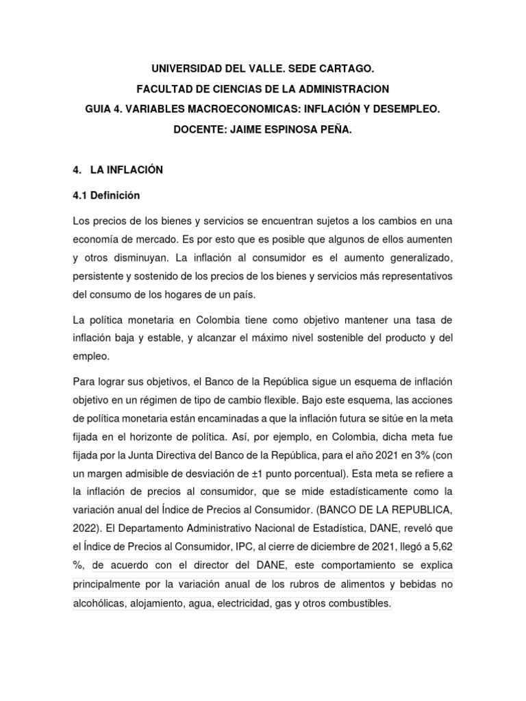 Guia 4 Variables Macroeconómicas Pdf Inflación Desempleo