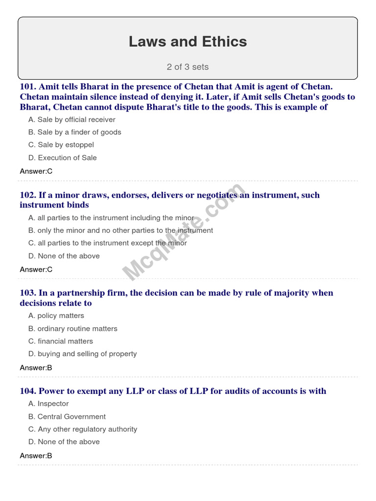 Laws and Ethics MCQs for Students | PDF | Negotiable Instrument ...