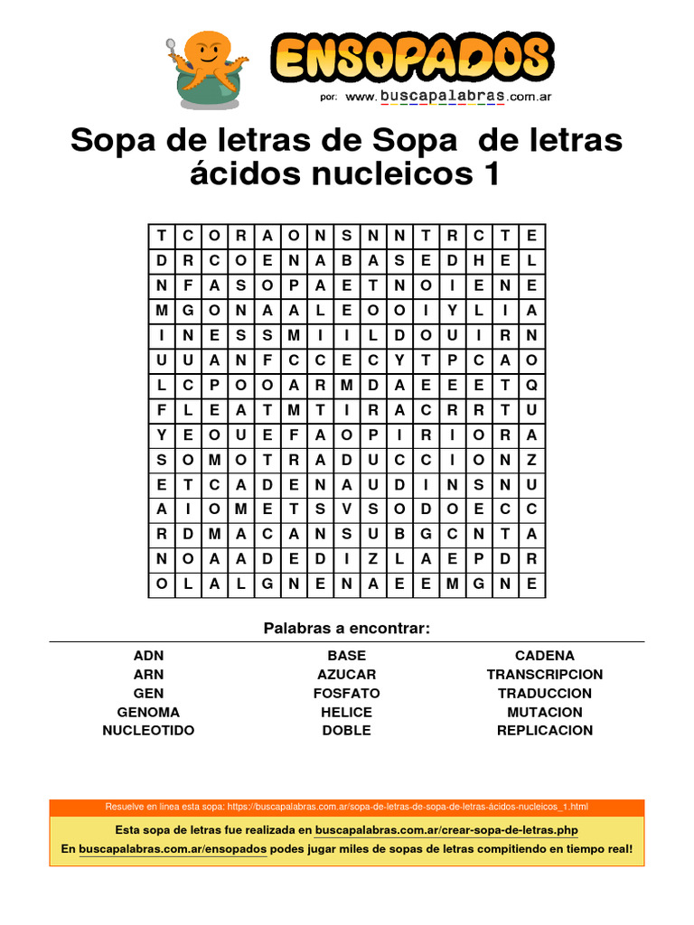 Sopa de Letras Ácidos Nucleicos | PDF | Ácidos nucleicos | Nucleótidos
