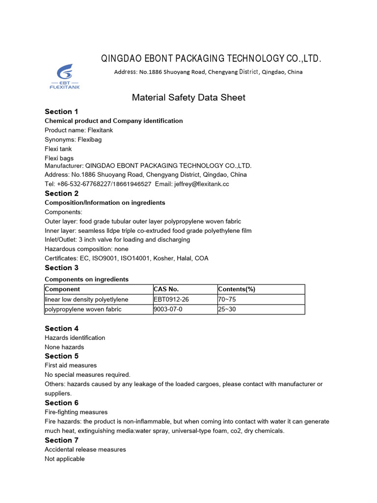 EBT Flexitank MSDS | PDF | Packaging And Labeling | Materials