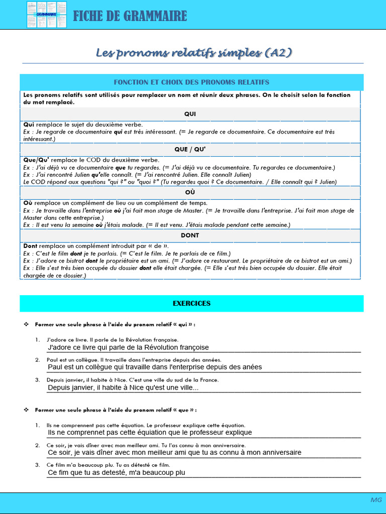 A2 Grammaire Pronoms-Relatifs-Simples1 | PDF | Syntaxe | Linguistique