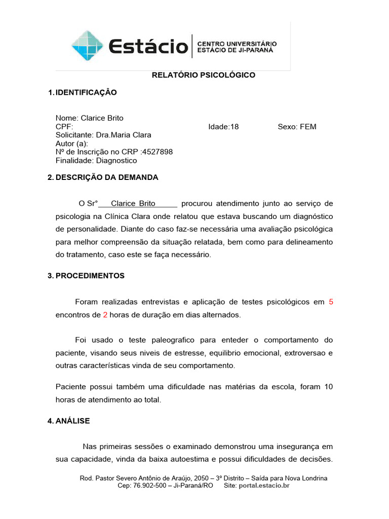 Modelo - Relat Rio Psicol Gico | PDF | Psicologia | Psiquiatria