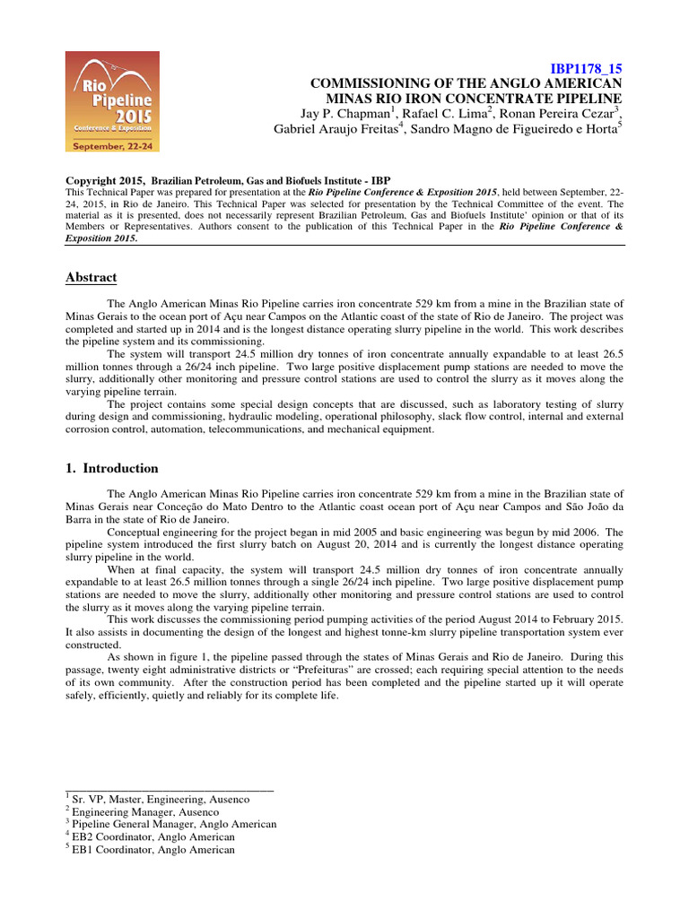 Commissioning of The Anglo American Minas Rio Iron Concentrate Pipeline ...