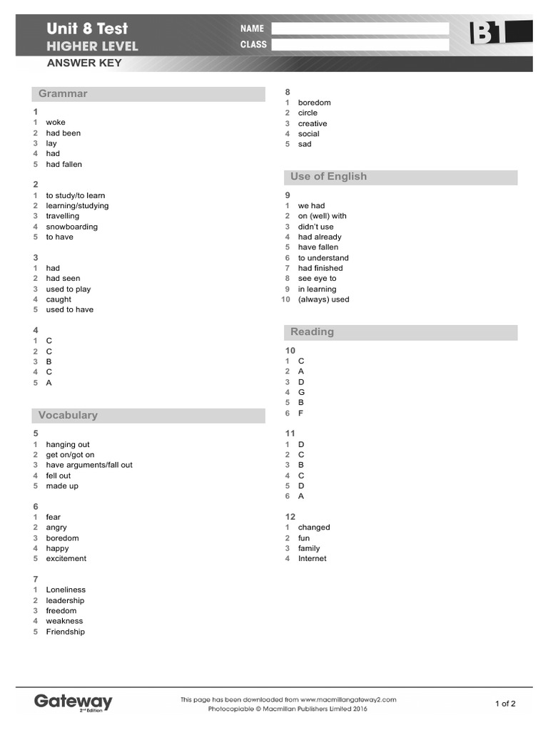 Gateway B1 Unit 8 Test Answer Key | PDF | Human Communication | Cognition