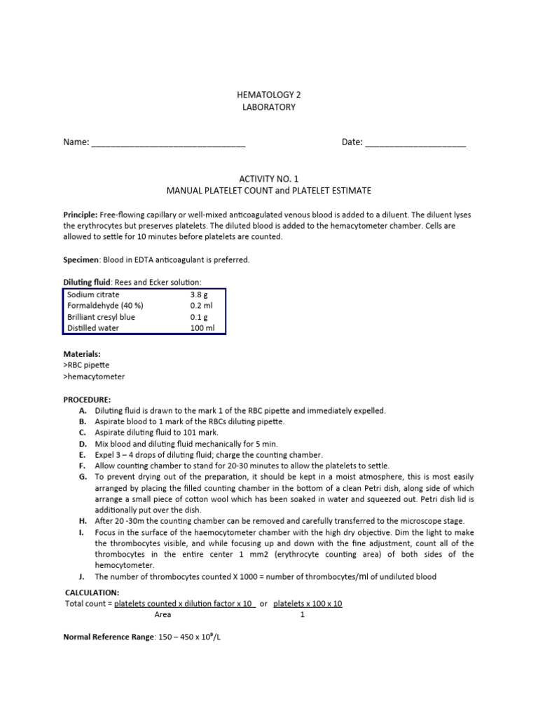 Act 1 Hema2 Manual Platelet Count and Platelet Estimate | PDF ...