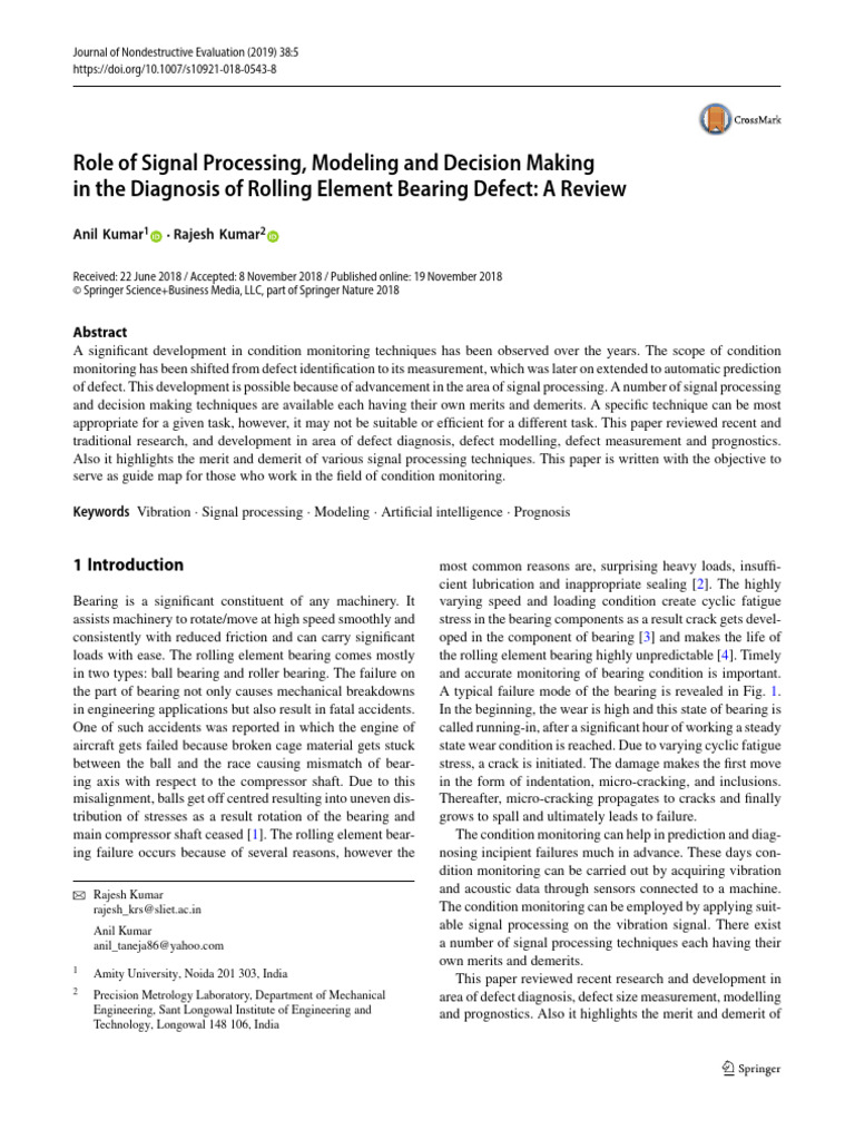 Role Of Signal Processing Modeling And Decision Making In The Diagnosis Of Rolling Element