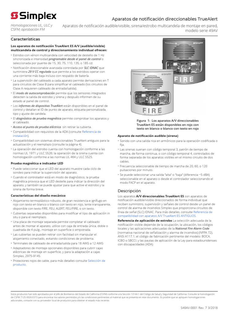 49av-Wrf Sirena de Audio Simplex Direccionable Av Wall Red Fire | PDF ...