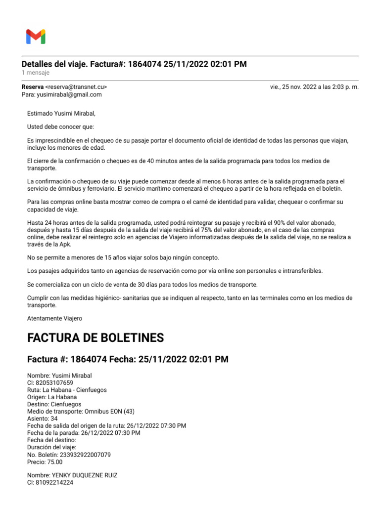 Gmail - Detalles Del Viaje. Factura# - 1864074 25 - 11 - 2022 02 - 01 ...