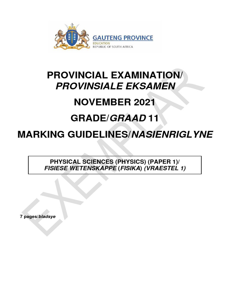 Grade 11 Provincial Examination Physical Sciences P1 (English and Afrikaans) November 2021 ...