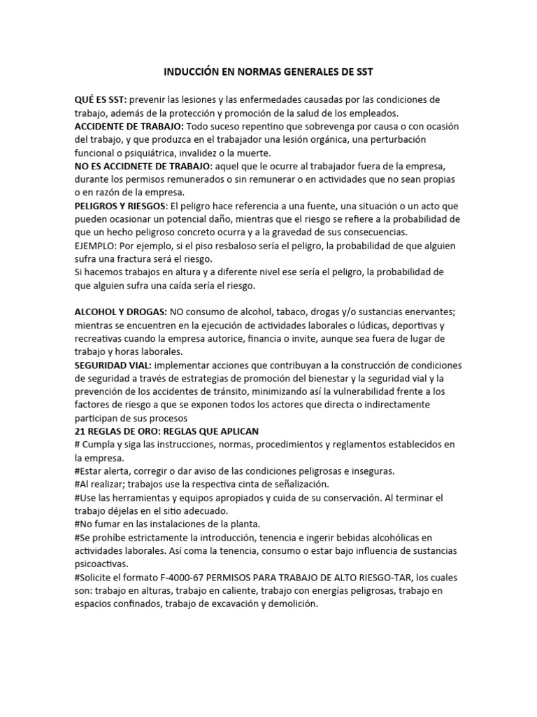 Inducción en Normas Generales de SST | PDF