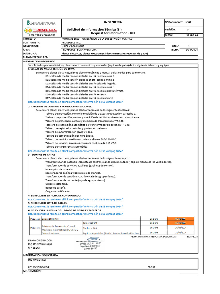 RFI-01-SE Yumpag - PROSEGEL - Rpta CONENHUA | PDF | Transformador ...