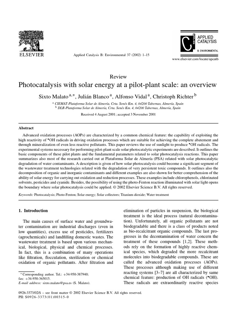 Photocatalysis With Solar Energy at A Pilot-Plant Scale: An Overview ...