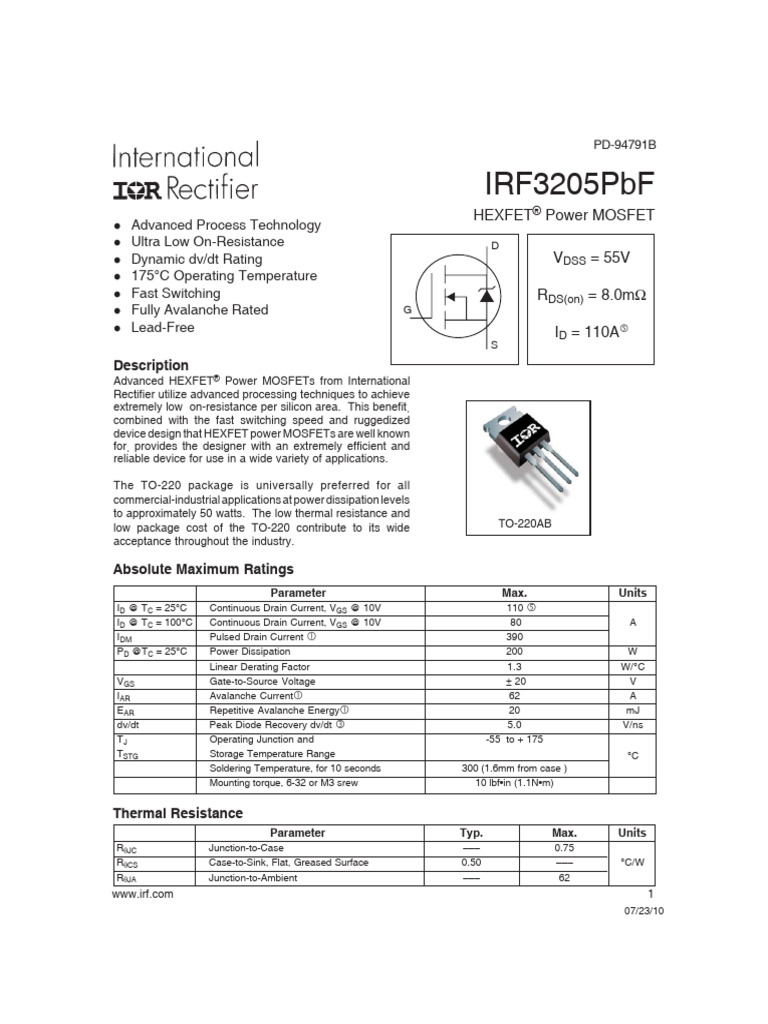 Infineon IRF3205 DataSheet v01 01 EN-3362740 | PDF | Field Effect Transistor | Diode