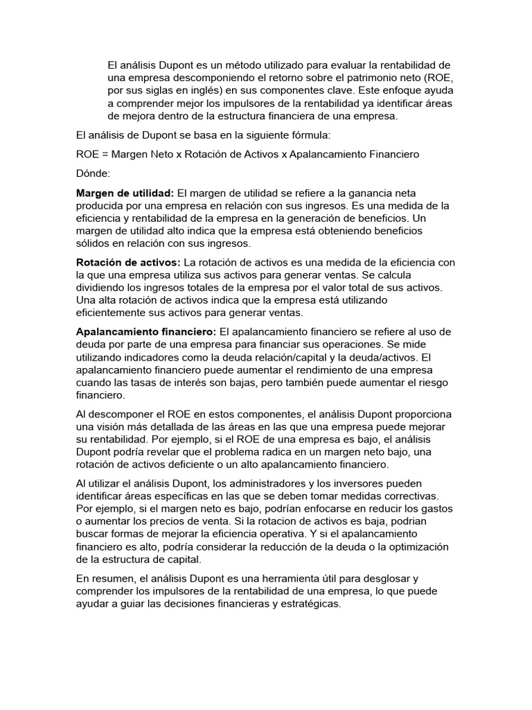 El Análisis Dupont Es Un Método Utilizado para Evaluar La Rentabilidad de Una Empresa ...