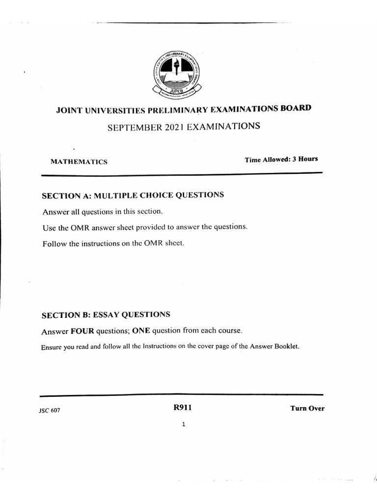 JUPEB Mathematics Past Questions Guide | PDF | Teaching Methods & Materials