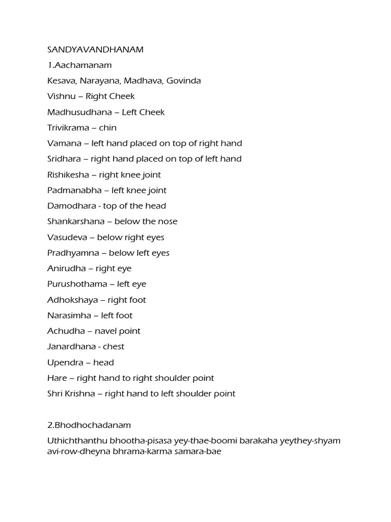 Aachamanam and Sandhya Vandanam Guide | PDF | Hand | Hindu Deities