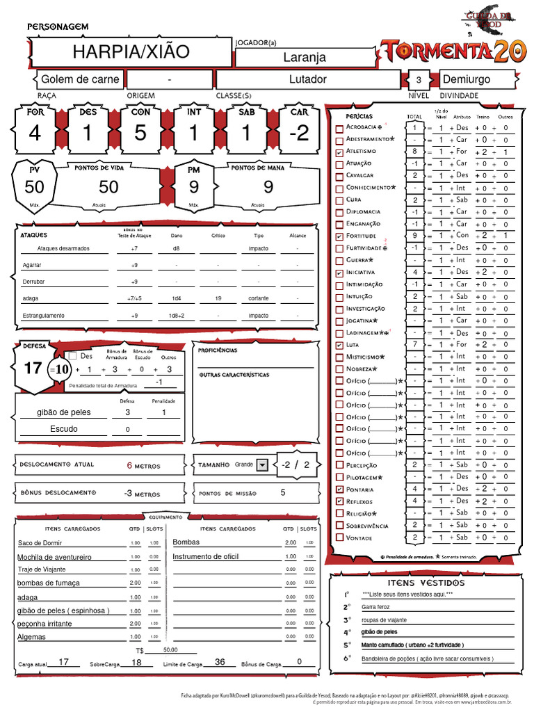 Ficha de Personagem RPG: Harpia/Xião | PDF