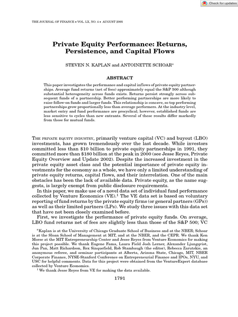 The Journal of Finance - 2005 - KAPLAN - Private Equity Performance ...