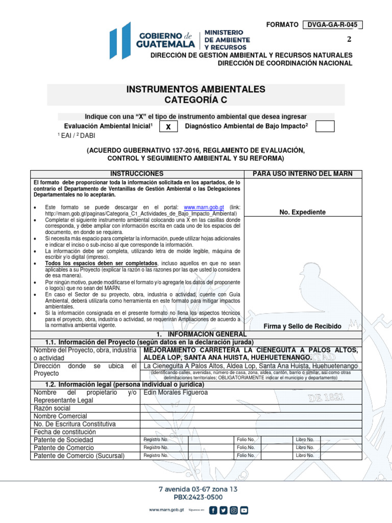 Formulario Instrumentos Ambientales Categoria C | Descargar gratis PDF | Residuos | Aguas residuales