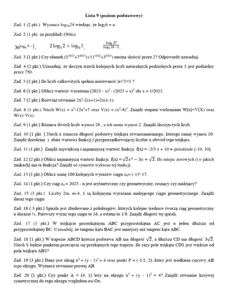 Lista 9 Poziom Podstawowy | PDF