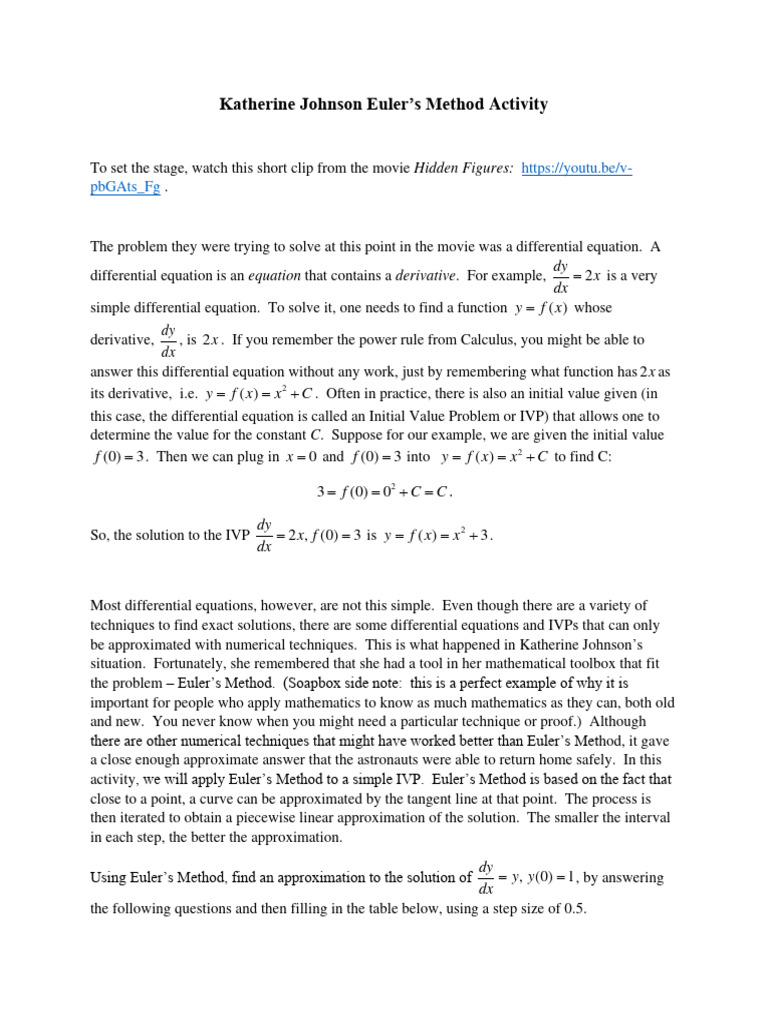 Katherine Johnson Euler's Method Guide | PDF | Differential Equations | Equations