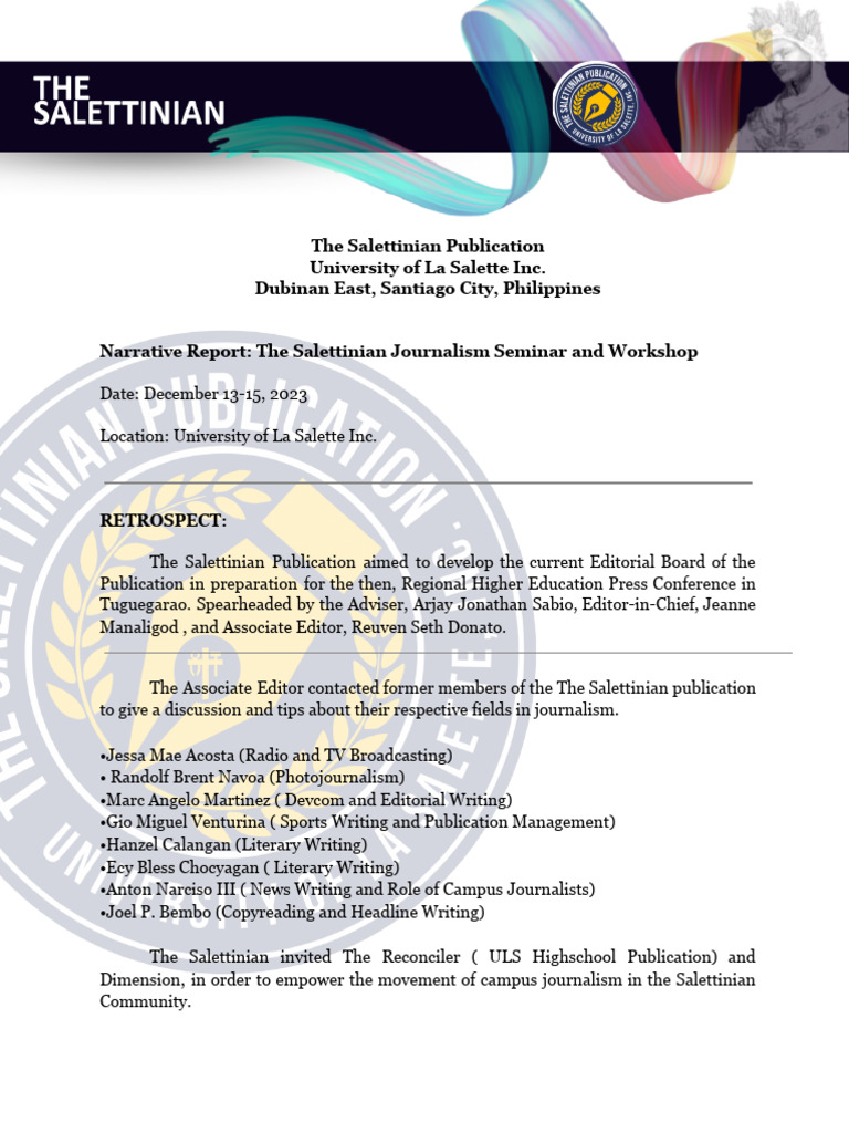 NARRATIVE REPORT Seminar Workshop | PDF | Mass Media | Journalism