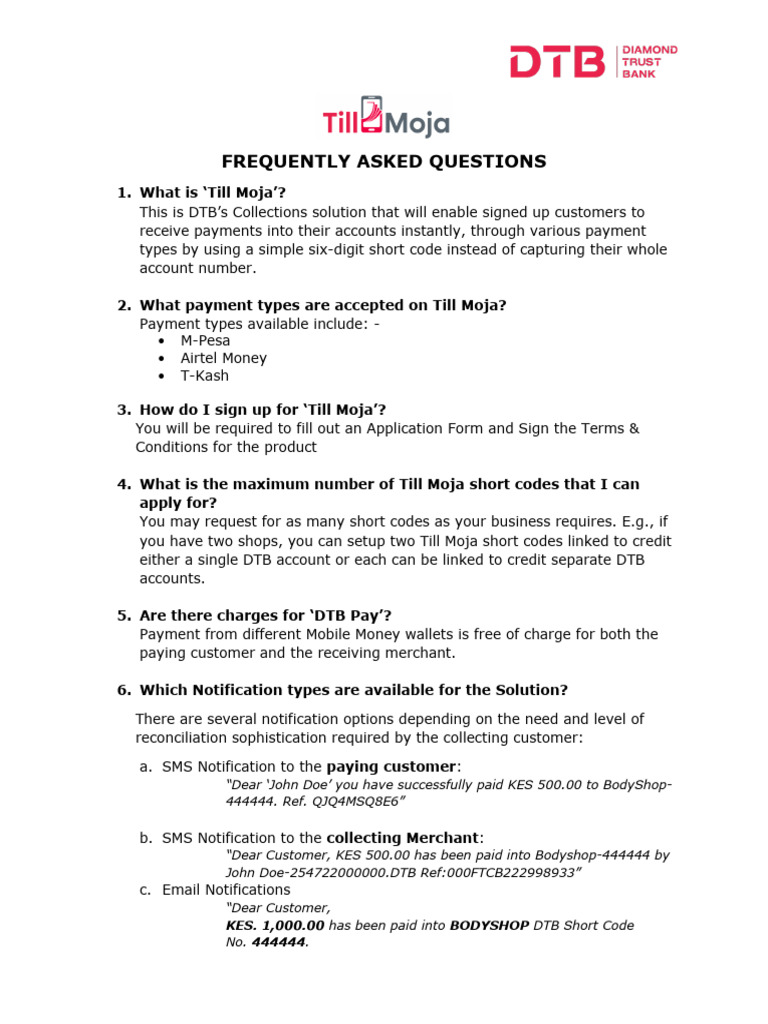 DTB Till Moja FAQs V6 | Download Free PDF | Credit Card | Payments