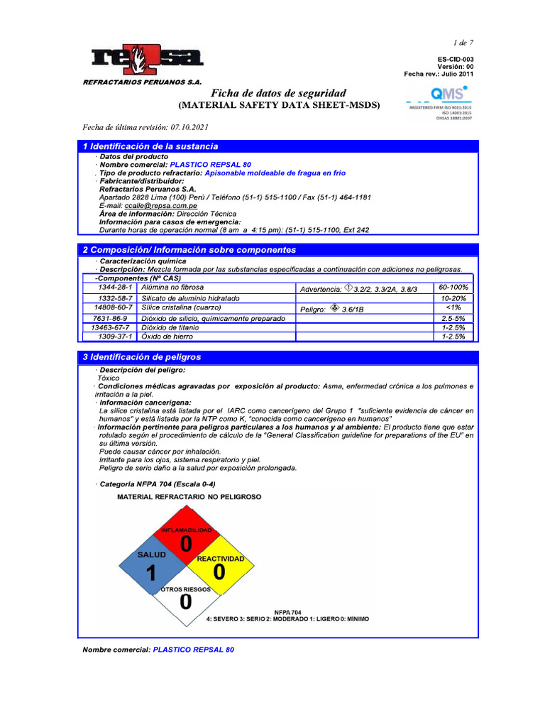 Msds Plastico Moldeable Repsal 80 Cja. x 25kgr Repsa | PDF