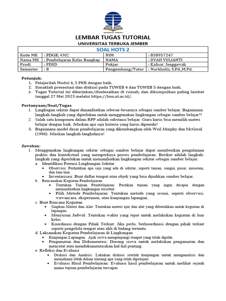 DYAH YULIANTI - 858957247 - Lembar Tugas Tutorial - SOAL HOTS 2 | PDF