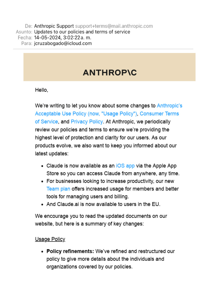 Anthropic Consumer Terms Update Notice | PDF | Privacy | Privacy Policy