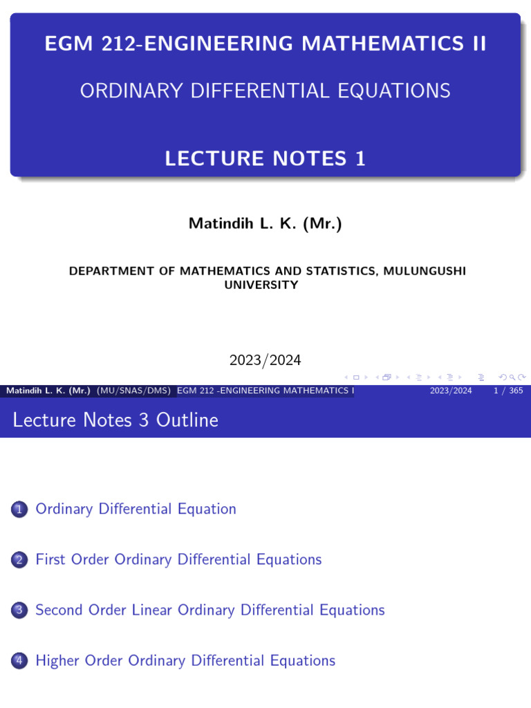 Engineering Math II: ODE Lecture Notes | PDF | Equations | Differential ...