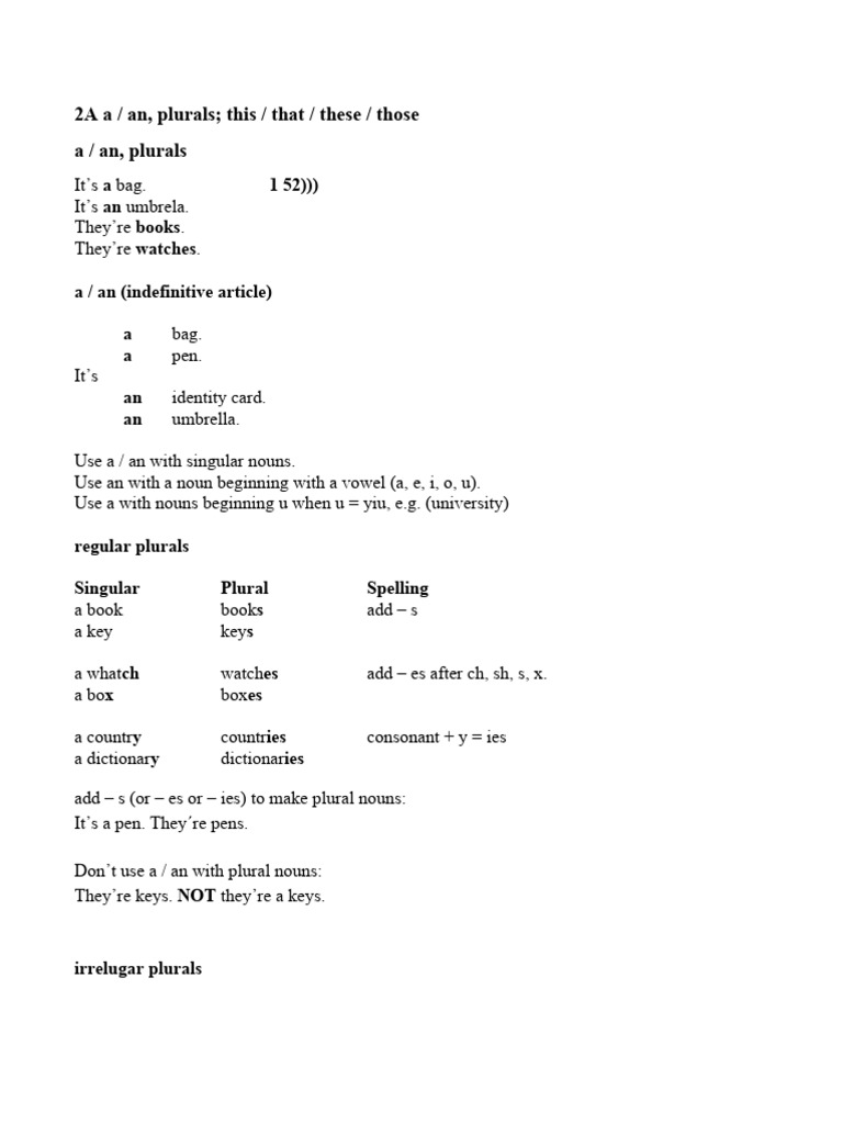 2A A An, Plurals This That These Those | PDF | Language Arts & Discipline | Foreign Language Studies