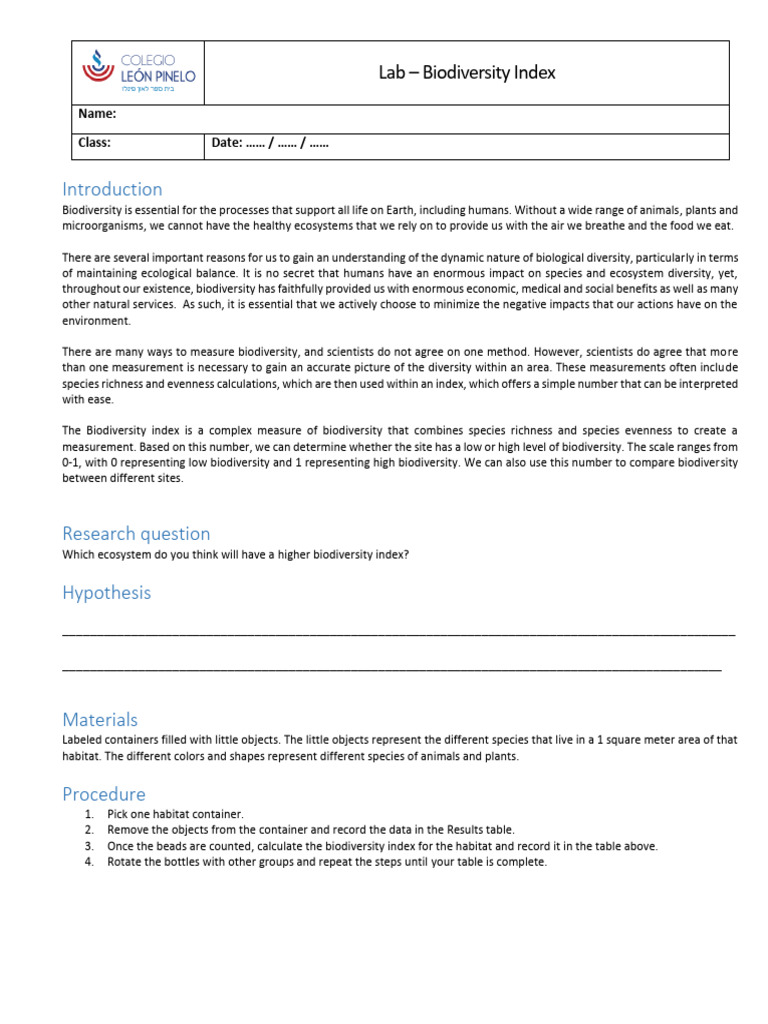 6 - Biodiversity Index Lab ENG | PDF | Biodiversity | Ecosystem