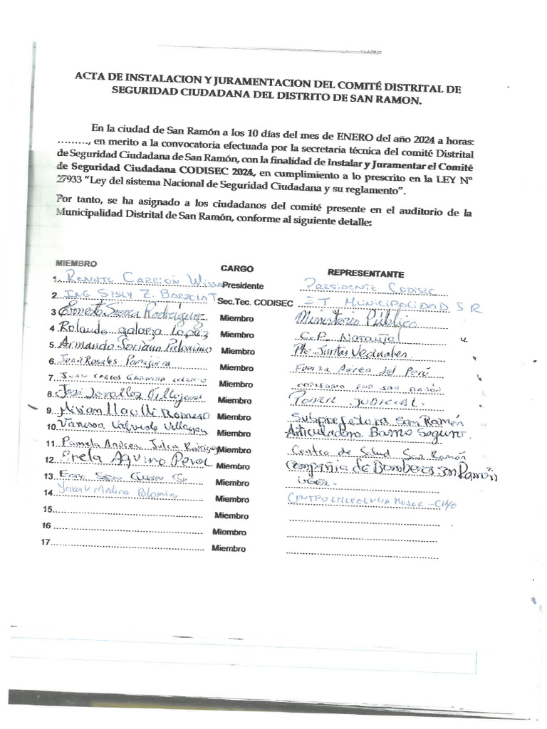 Acta de Instacion y Juramentacion Del Codisec 2024 | PDF