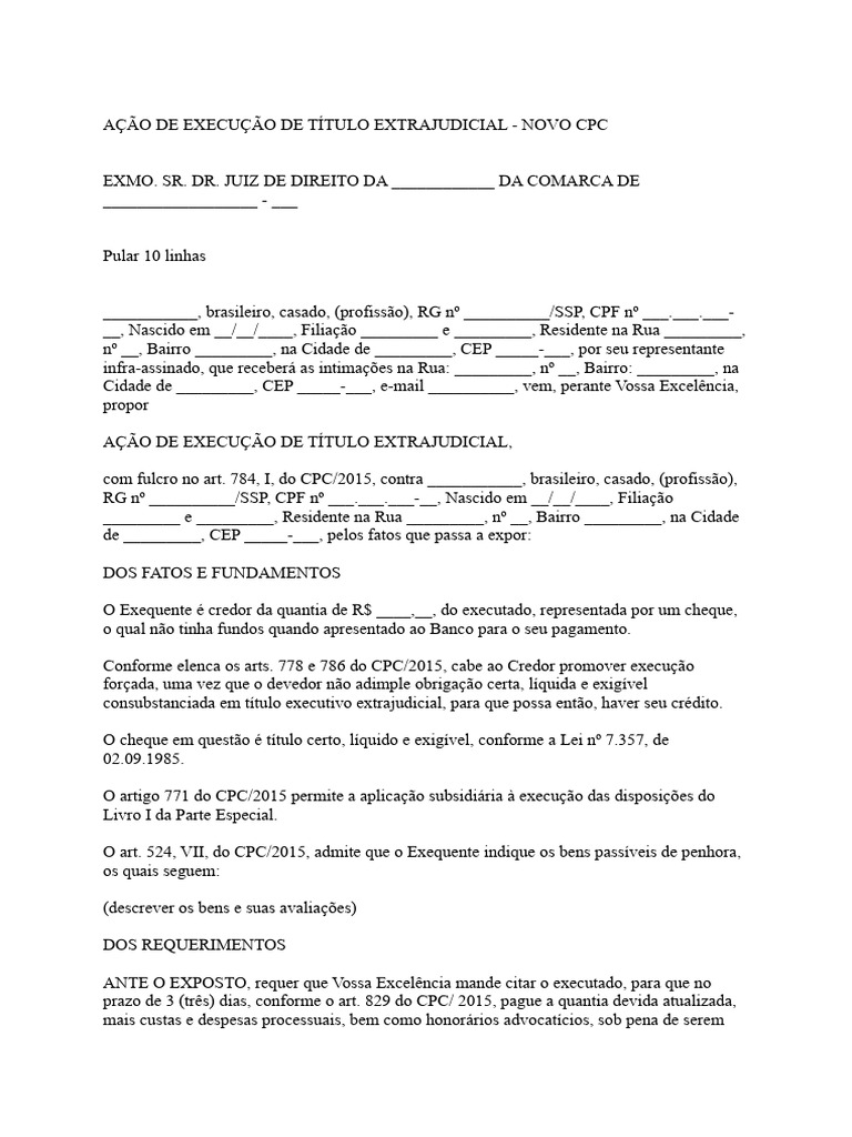 Ação de Execução de Título Extrajudicial - Novo CPC | PDF | Cheque (banco)