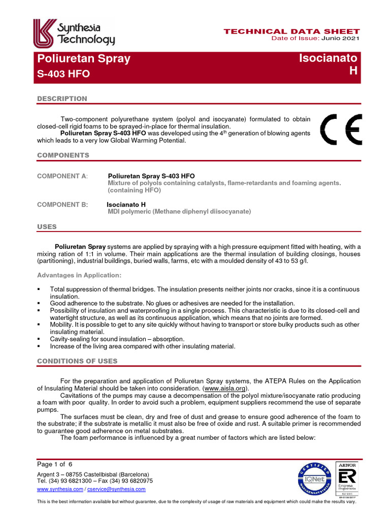 Polyurethane Spray S-403 HFO Data Sheet | PDF | Polyurethane | Building ...