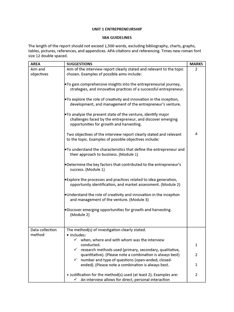 Unit 1 Entrepreneurship Sba Guidelines | PDF | Entrepreneurship | Interview