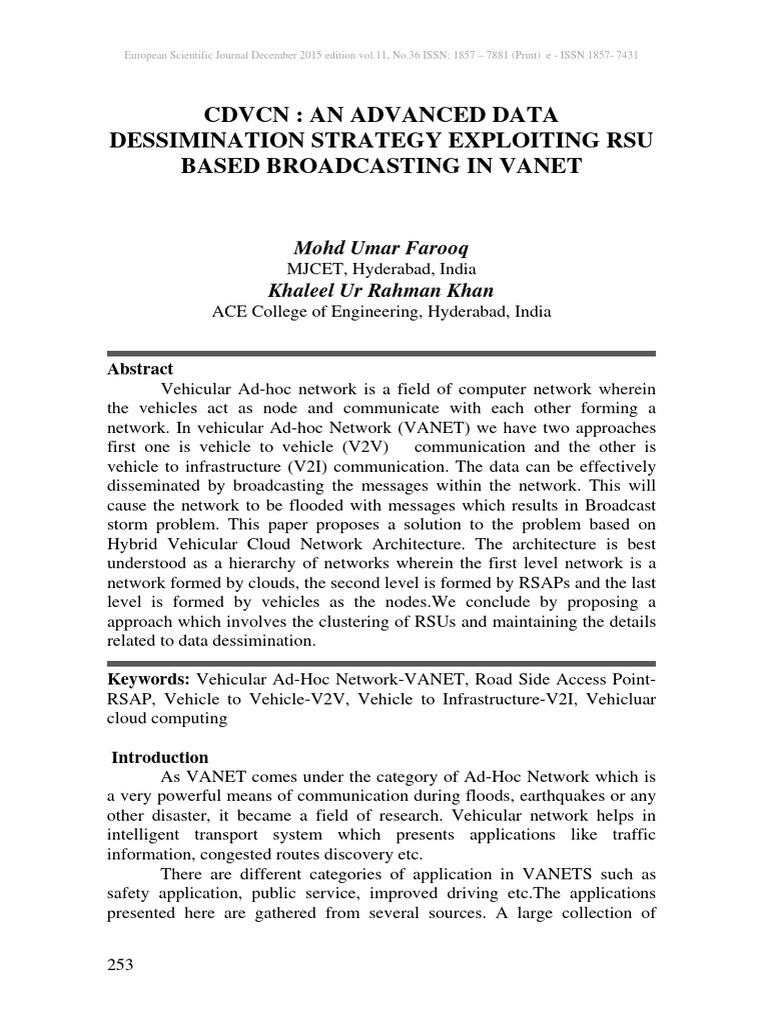 Advanced Data Dissemination in VANET | PDF | Cloud Computing | Computer Network
