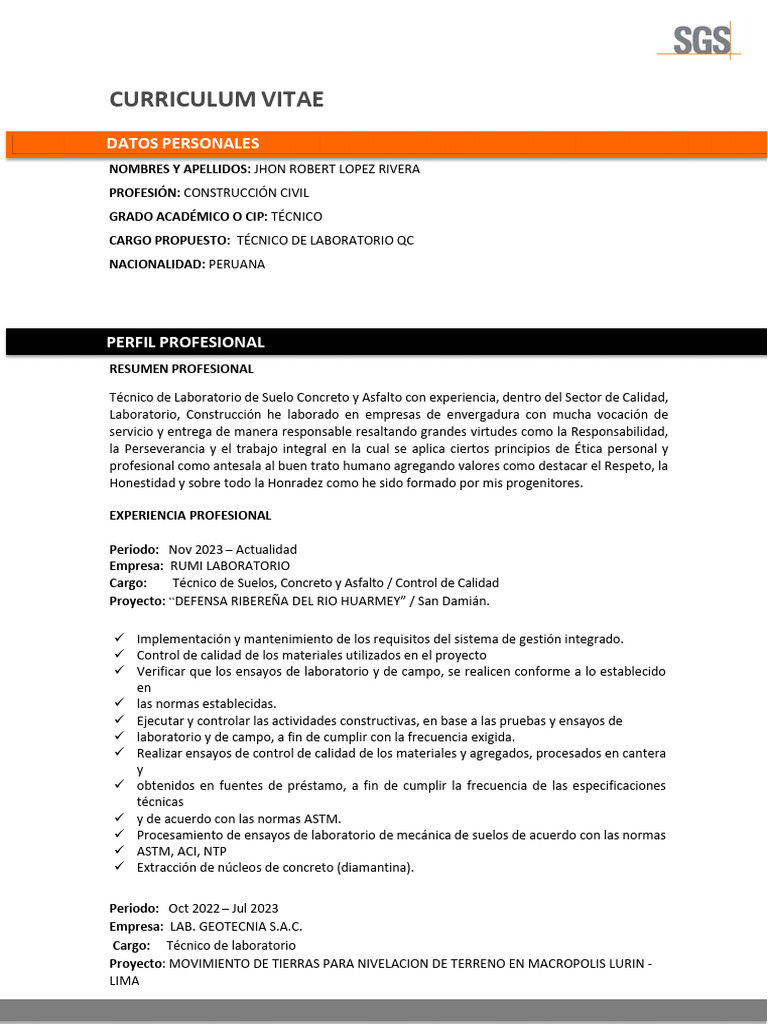 CV SGS Jhon Robert Lopez Rivera | PDF | Laboratorios | Business