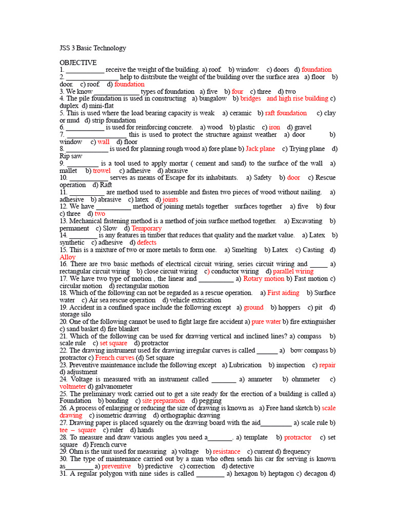 JSS 3 Basic Tec 2. Ans | Download Free PDF | Foundation (Engineering ...