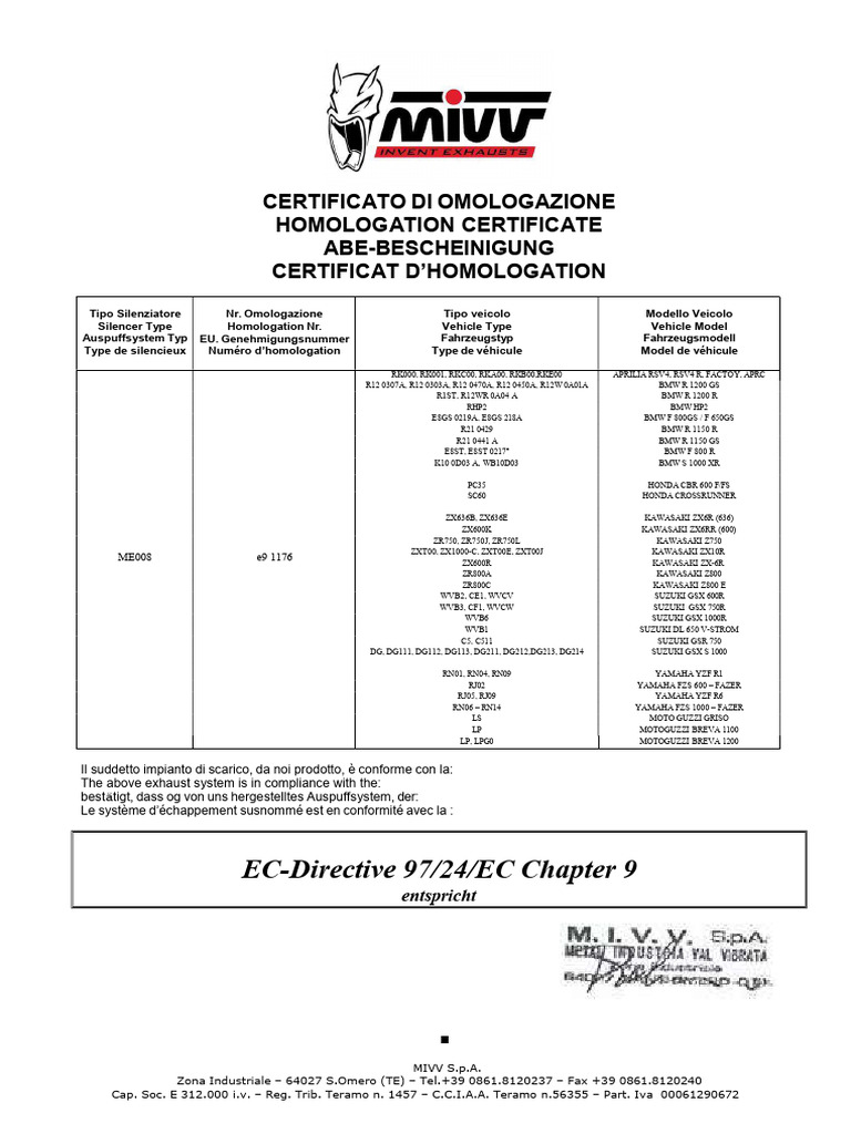 Certificado MIVV ME008 E9 1176 | PDF | Vehículos terrestres | Vehículo de motor