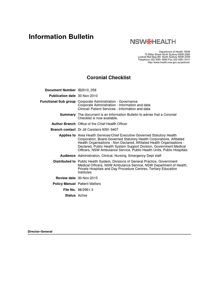 NSW Health Coronial Checklist Guide | PDF | Coroner | Health Care