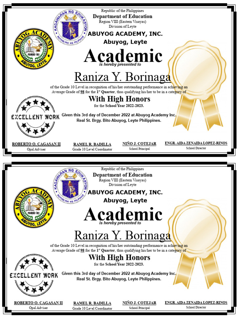 Certificates jhs 2021-2022 | PDF