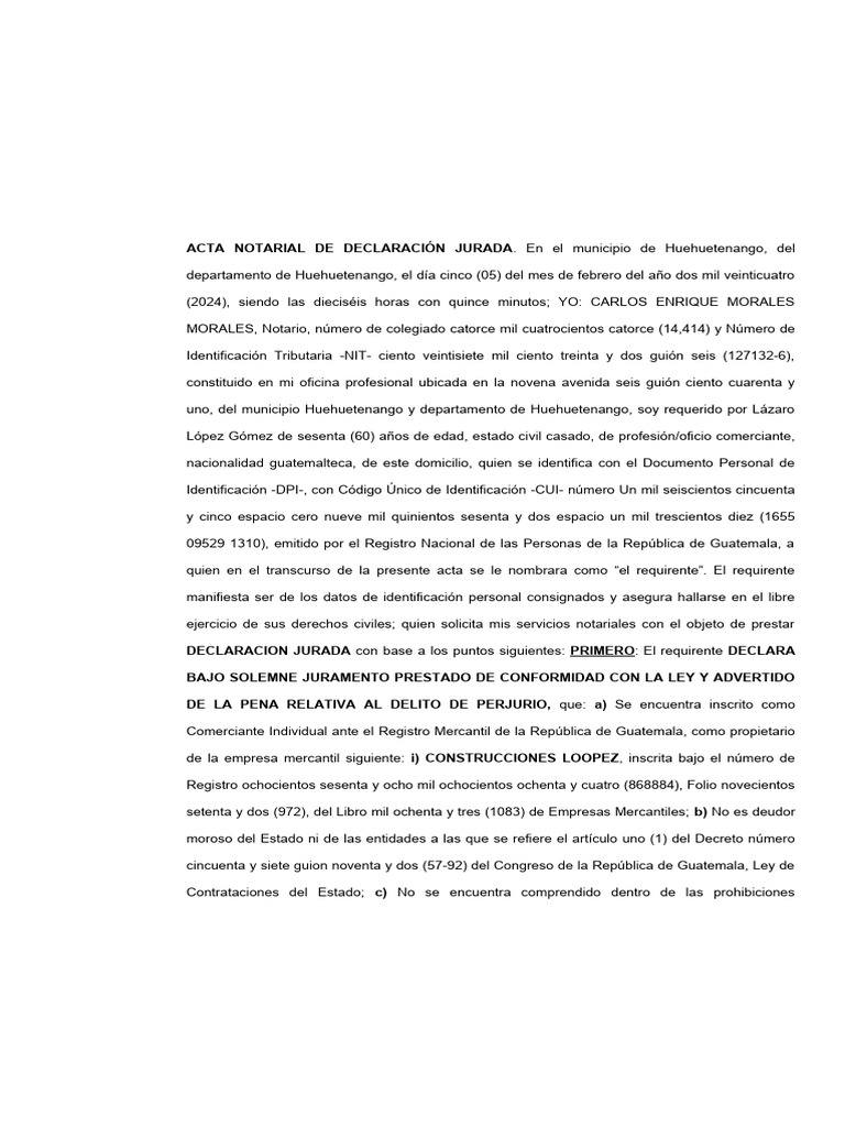 ACTA NOTARIAL de Declaracion Jurada Lazaro Lopez Gomez (Manuel Ramos) | PDF | Guatemala | Divorcio