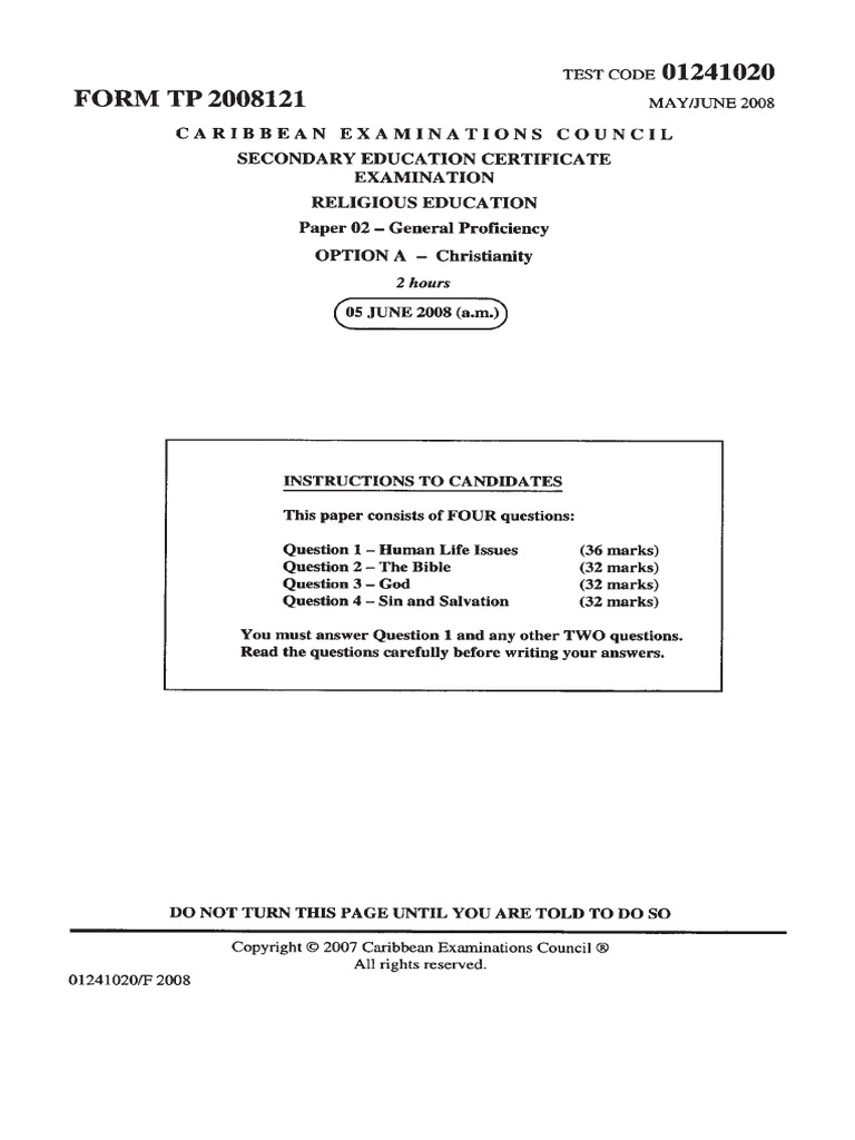 CSEC Religious Education June 2008 P2 Option A | PDF | Jesus | Faith