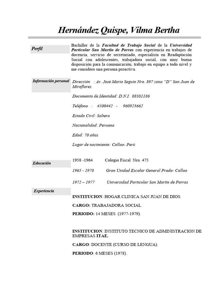 Curriculum Vilma Hernandez | PDF | Trabajo Social | Lima