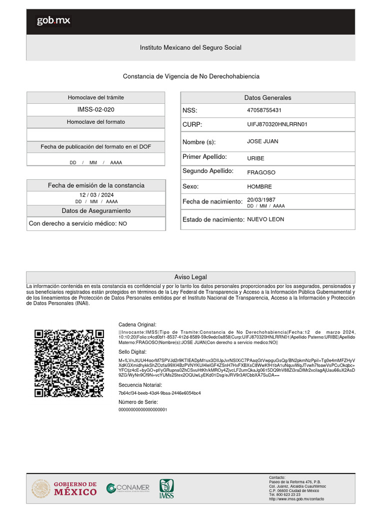 Constancia de No Derechohabiencia IMSS | PDF | Derechos humanos | Justicia