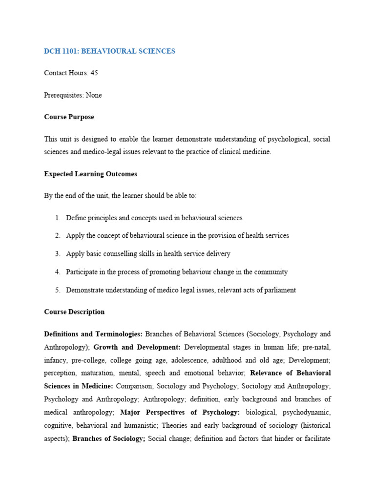 DCH 1101 Behavioral Sciences | PDF | Behavioural Sciences | Psychotherapy