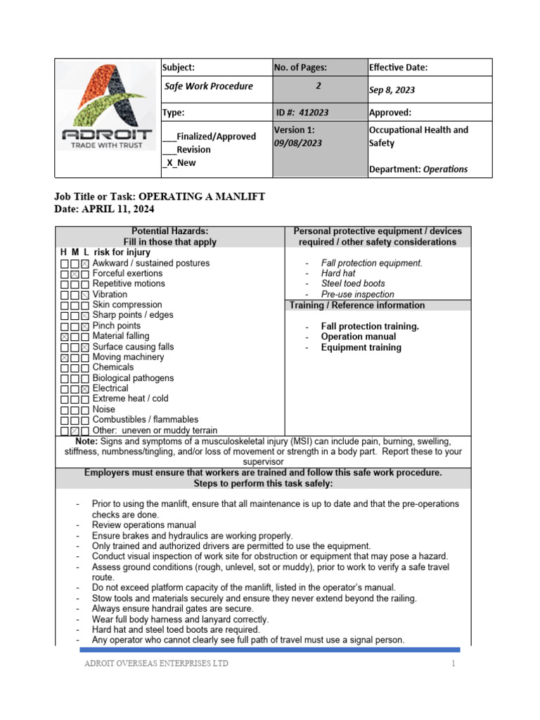 SWP - Operating Manlift | PDF | Safety | Occupational Safety And Health